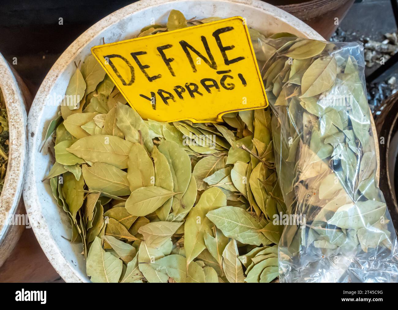 Bay leaf (Defne Yaprağı) sold in street market in Gaziantep Turkey ...