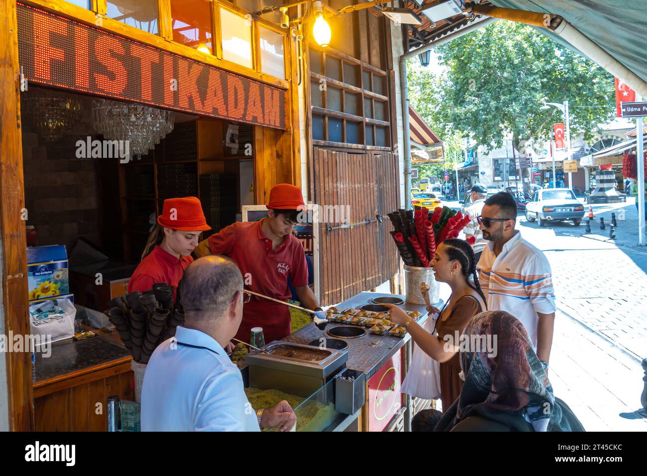 Street food stall serving kebab kebap to tourists in Gaziantep Turkey ...