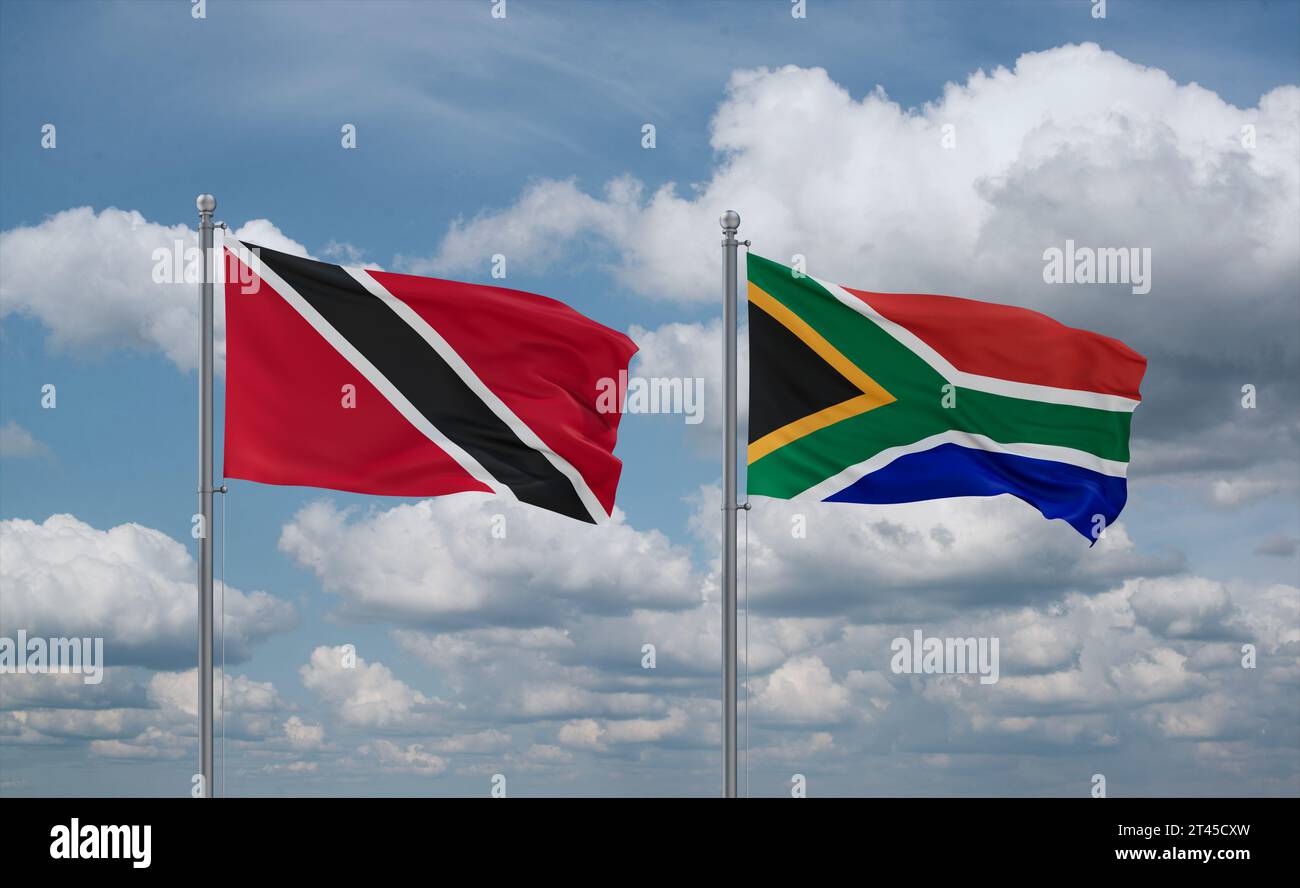 Republic of South Africa and Trinidad, Tobago, flags waving together in ...