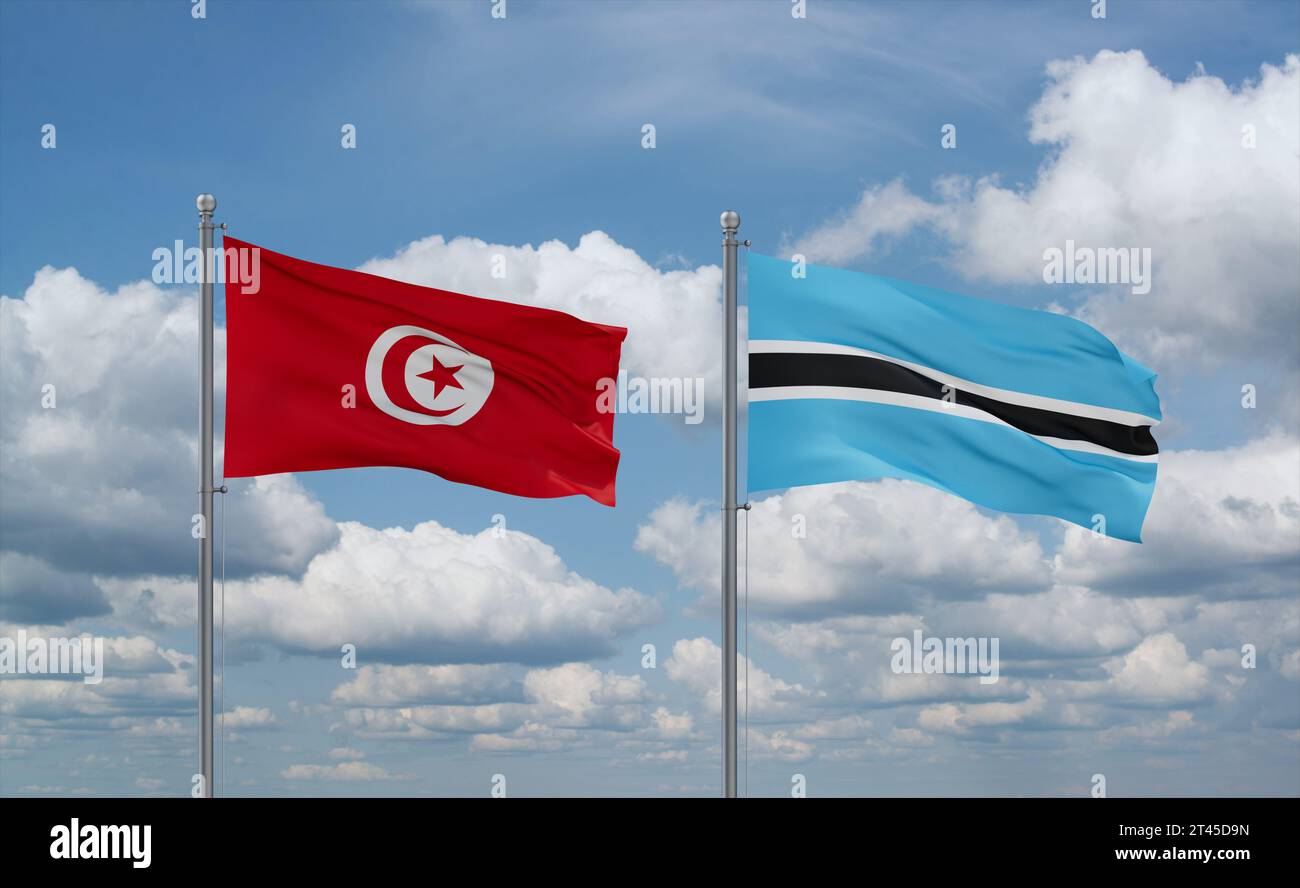 Botswana and Tunisia flags waving together on blue cloudy sky, two country relationship concept ...