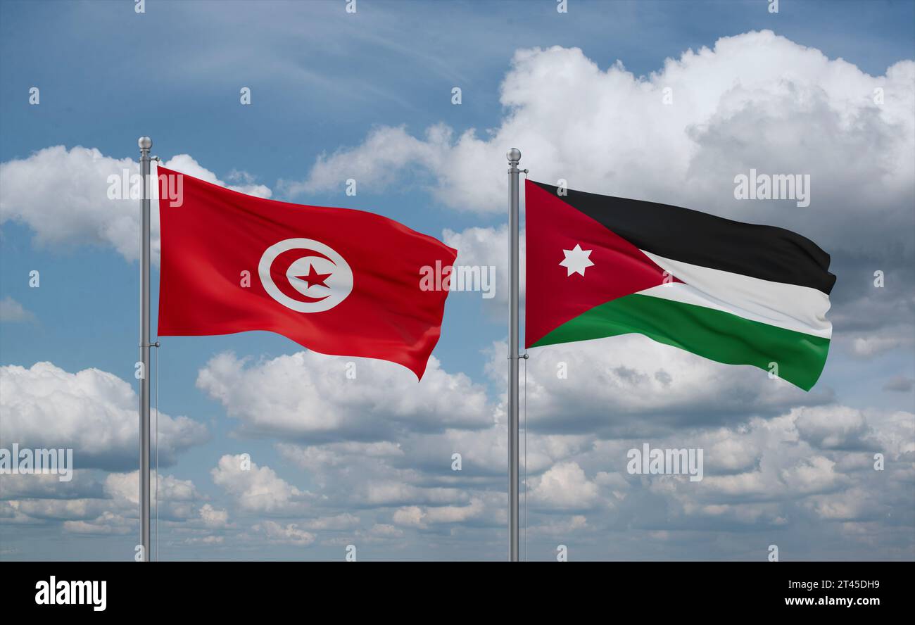 Jordan and Tunisia flags waving together in the wind on blue cloudy sky ...