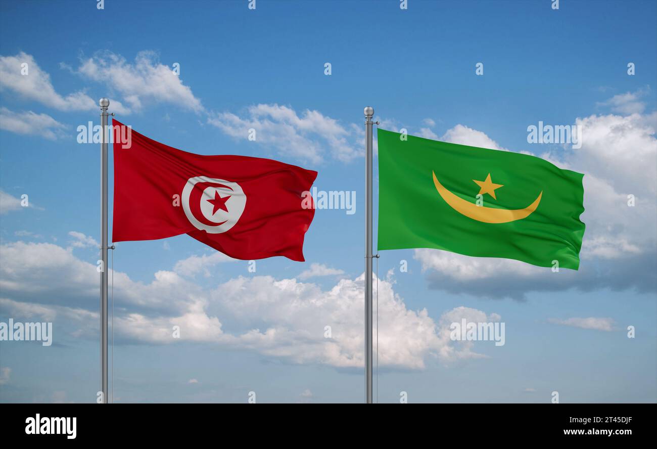 Mauritania and Tunisia flags waving together on blue cloudy sky, two country relationship ...