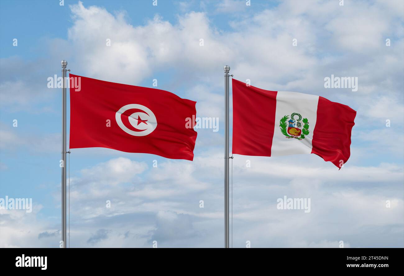 Peru and Tunisia flags waving together in the wind on blue cloudy sky, two country relationship ...