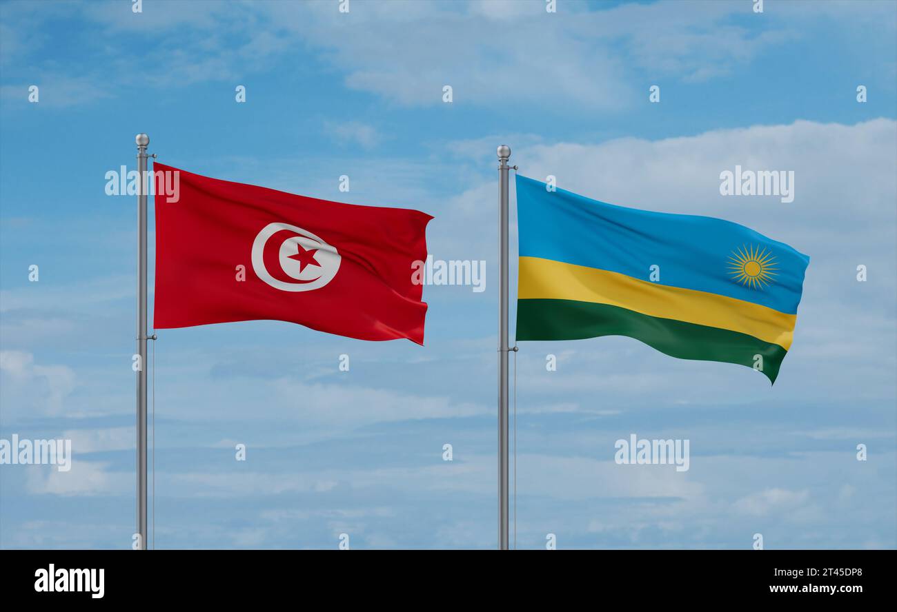Republic of Rwanda and Tunisia flags waving together in the wind on ...