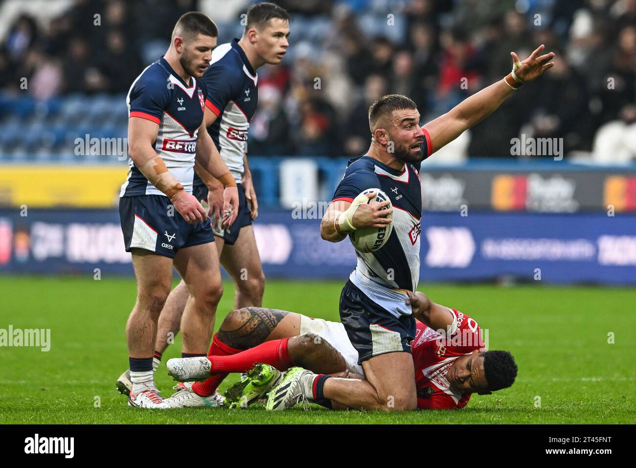 Mike McMeeken of England appeals to referee Jack Smith during the Rugby ...