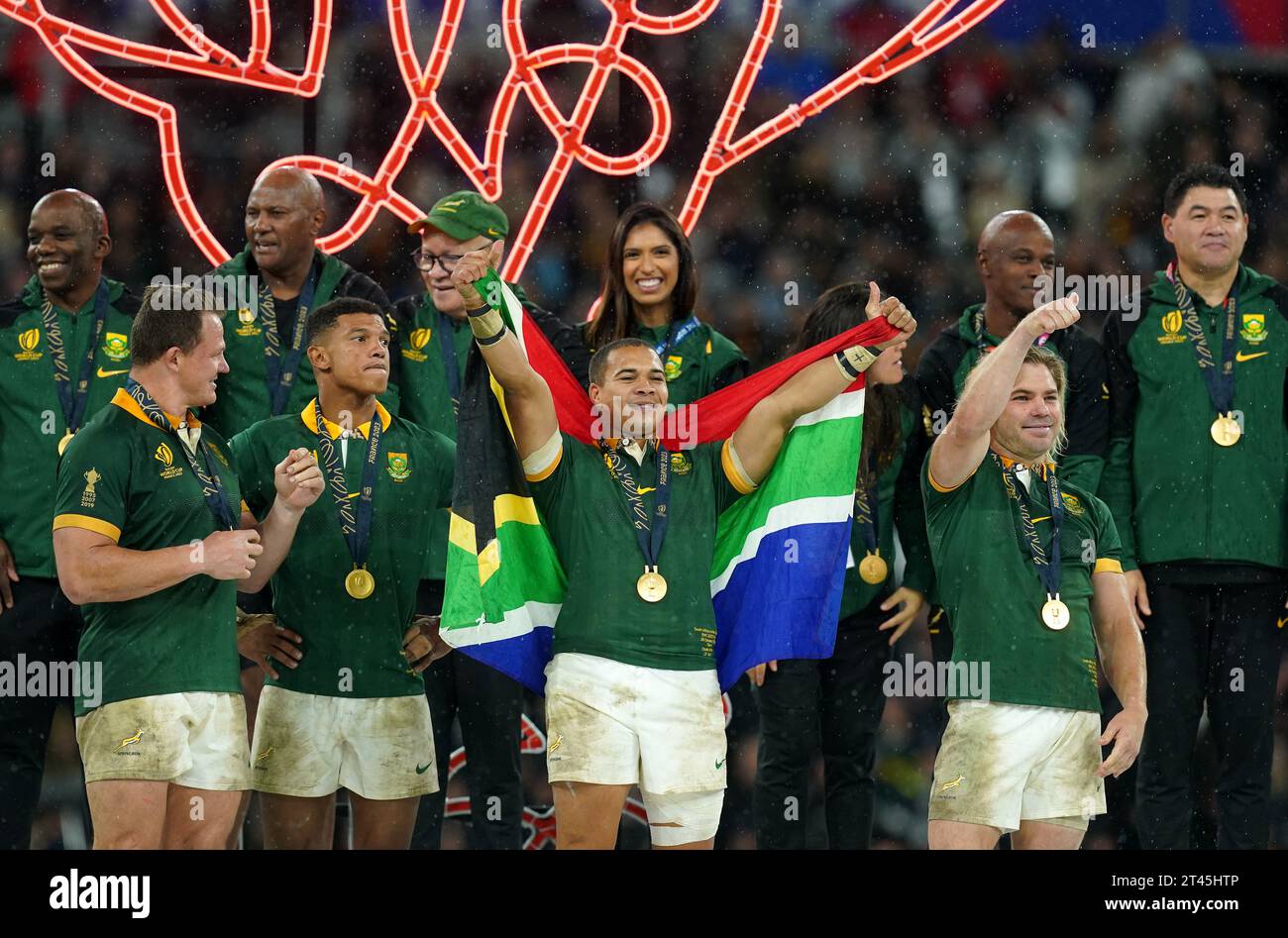 South Africa's Cheslin Kolbe and Faf de Klerk on the podium after ...