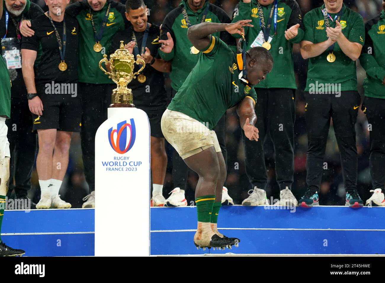 South Africa's Trevor Nyakane dances next to the Webb Ellis Cup ...