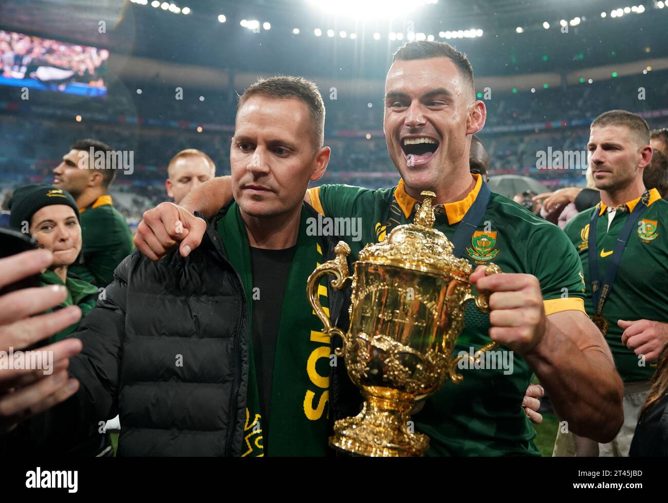 South Africa's Jasper Wiese celebrates with the Webb Ellis Cup ...