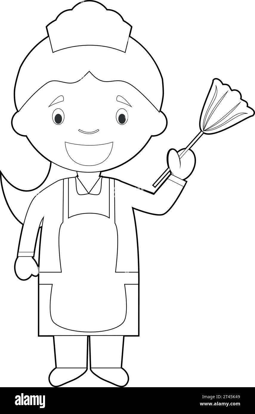 Easy coloring cartoon vector illustration of a maid or cleaning girl ...