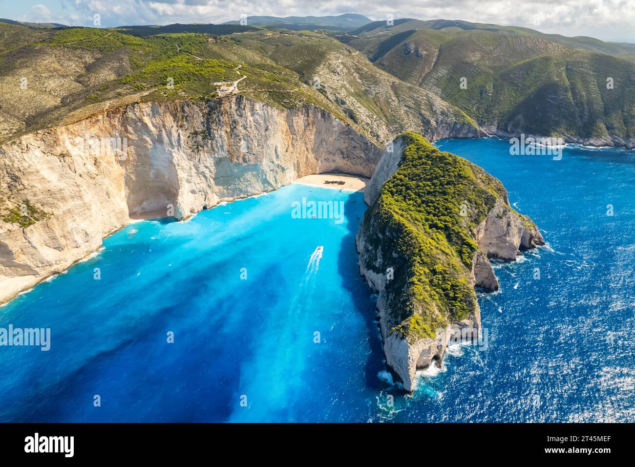 Aerial view of the Navagio beach with the famous wrecked ship in Zante ...
