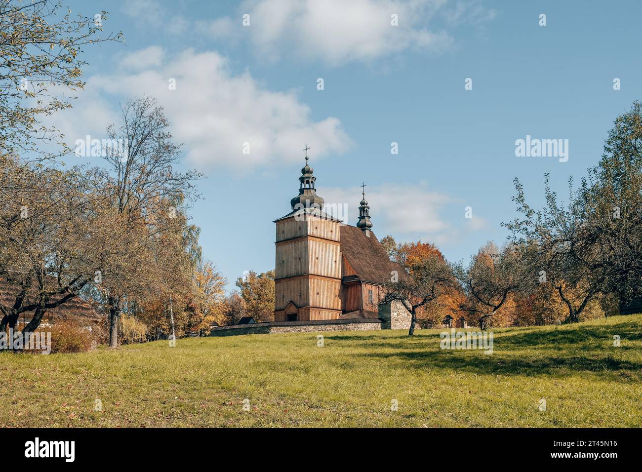 Old wooden church in skansen museum Sadecki Park in Nowy Sacz, Poland ...