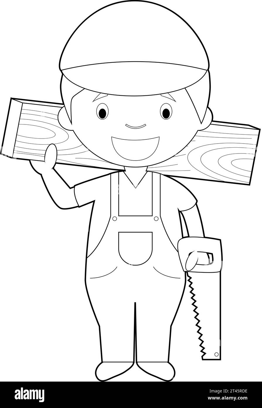Easy coloring cartoon vector illustration of a carpenter Stock Vector ...