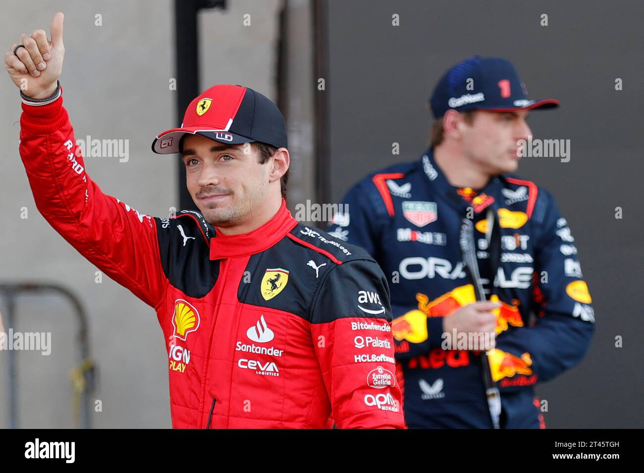 Ferrari driver Charles Leclerc, of Monaco, gives a thumbs up as Red ...