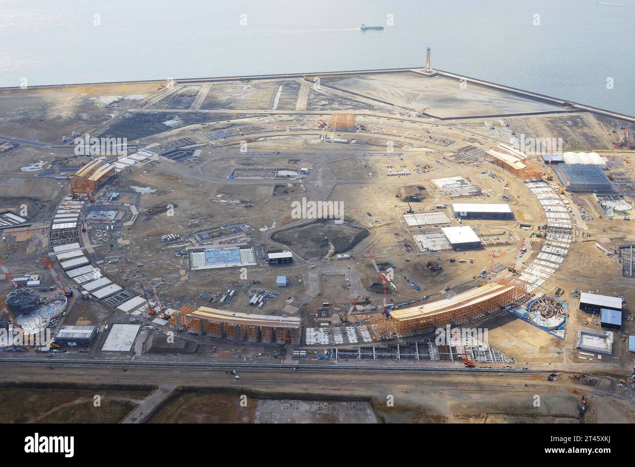 An aerial photo shows an artificial island of Yumeshima, a venue of the ...