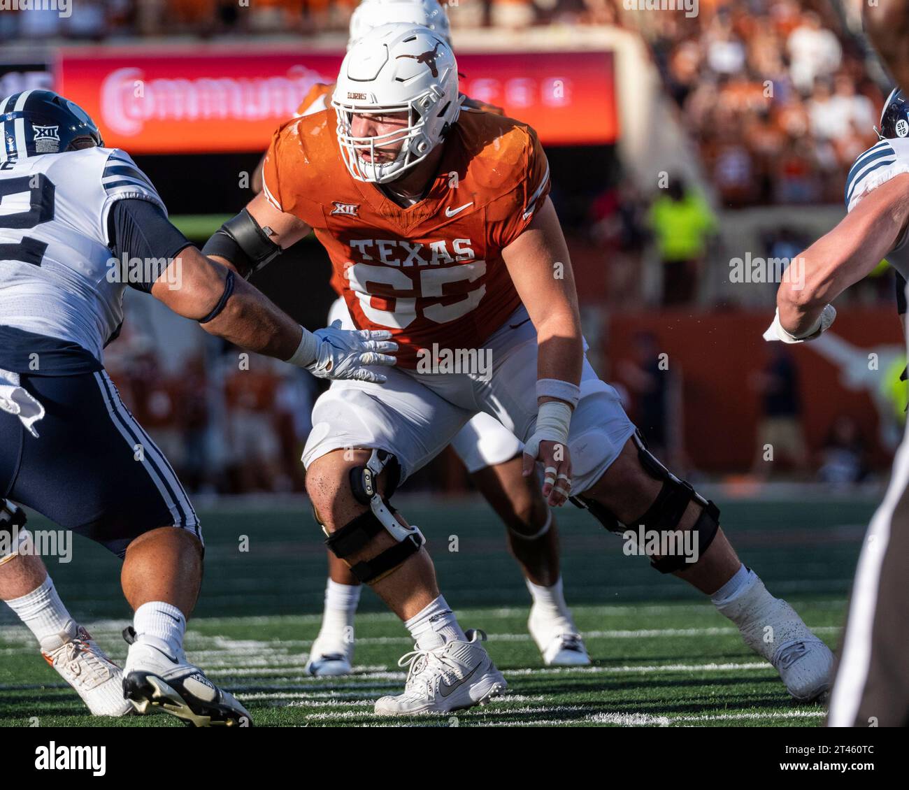 Oct 28, 2023. Jake Majors #65 of the Texas Longhorns in action vs the ...