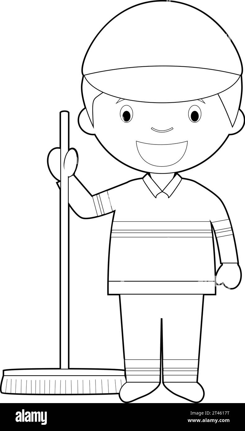 Easy coloring cartoon vector illustration of a sweeper Stock Vector ...