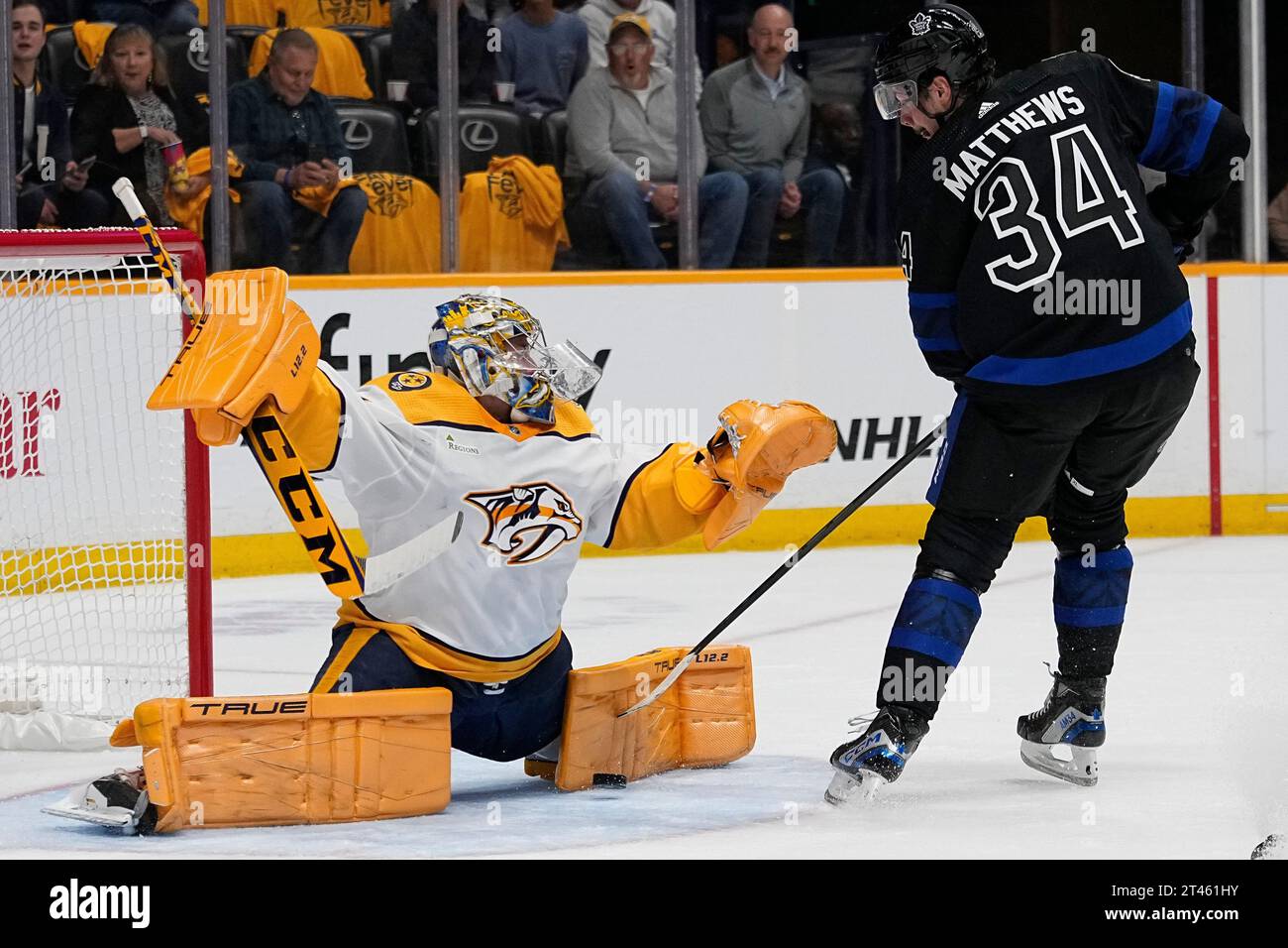 Nashville Predators goaltender Juuse Saros (74) blocks a shot on goal ...