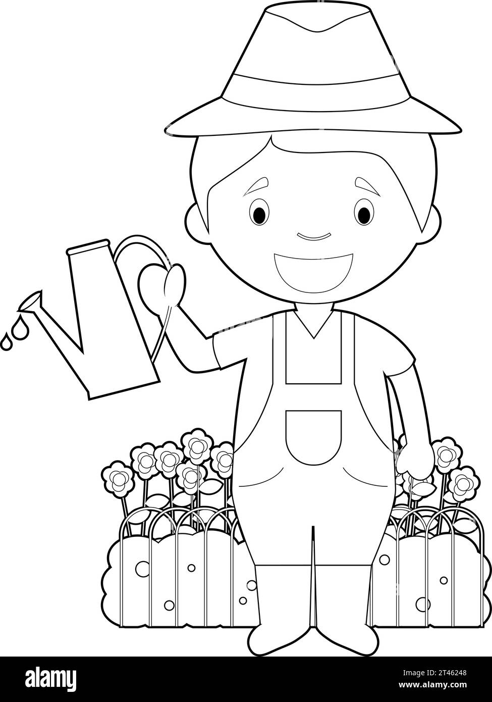 Easy coloring cartoon vector illustration of a gardener Stock Vector ...