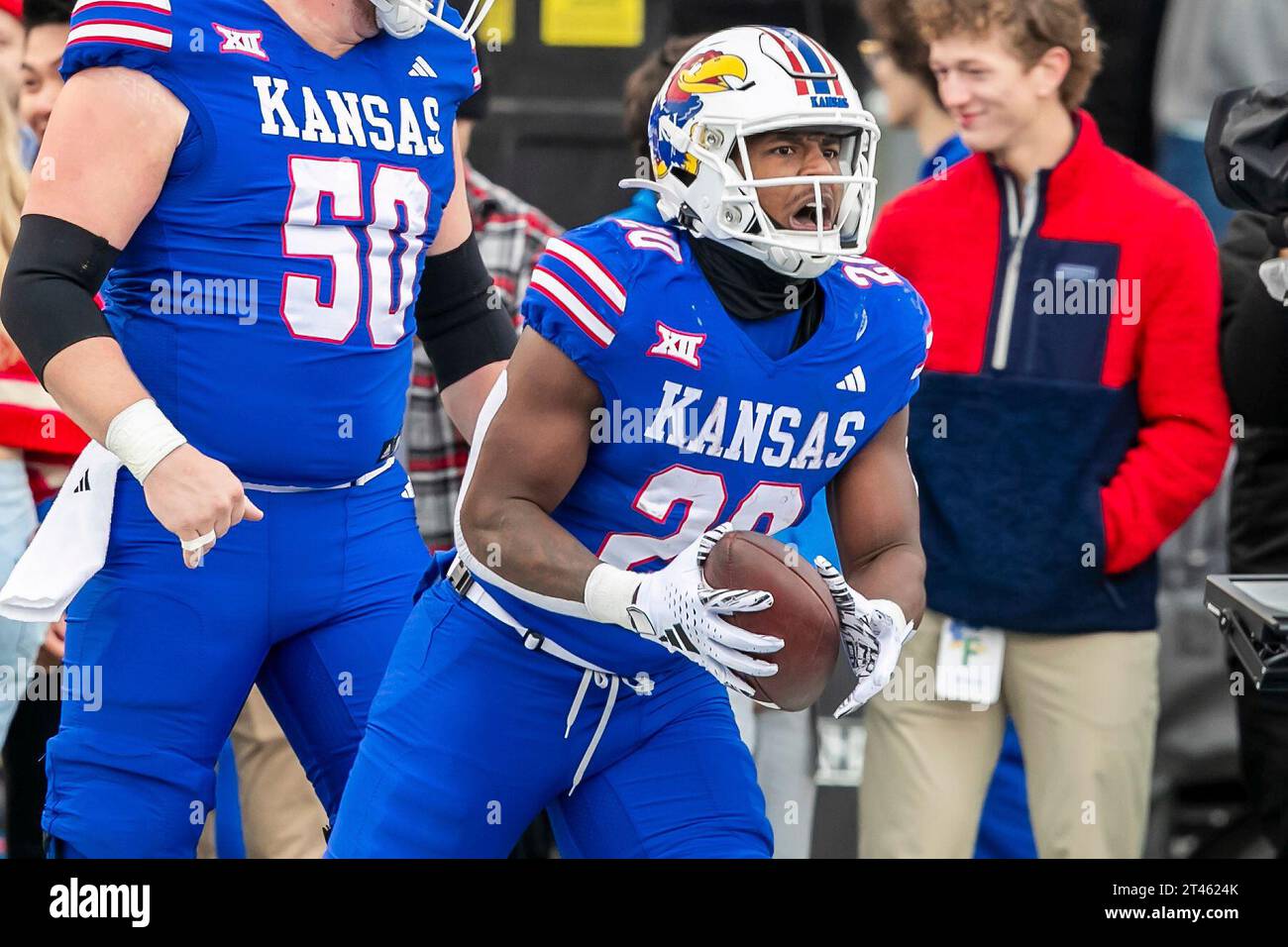 LAWRENCE, KS - OCTOBER 28: Kansas running back Daniel Hishaw Jr. (20 ...