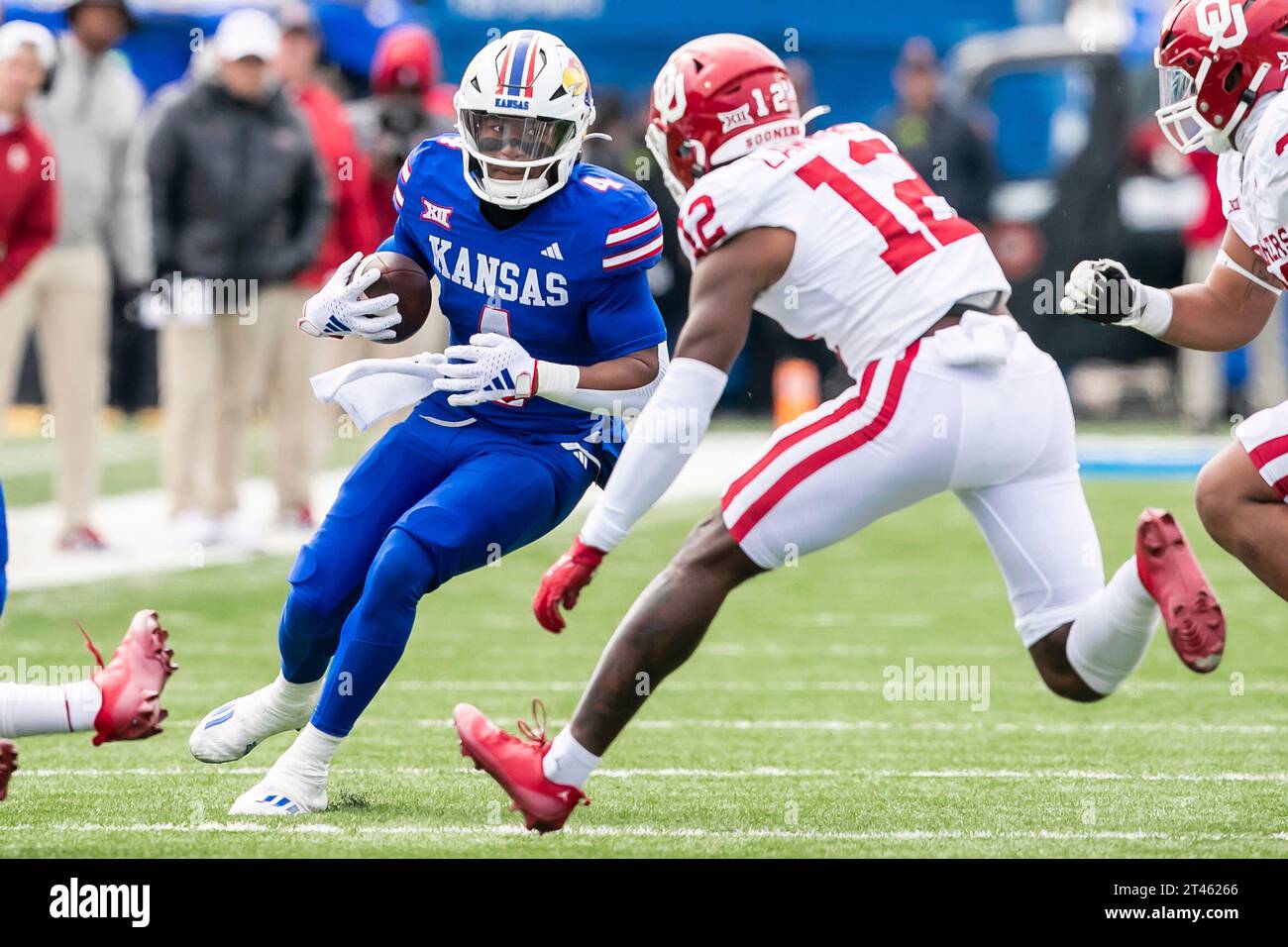 LAWRENCE, KS - OCTOBER 28: Kansas running back Devin Neal (4) during ...