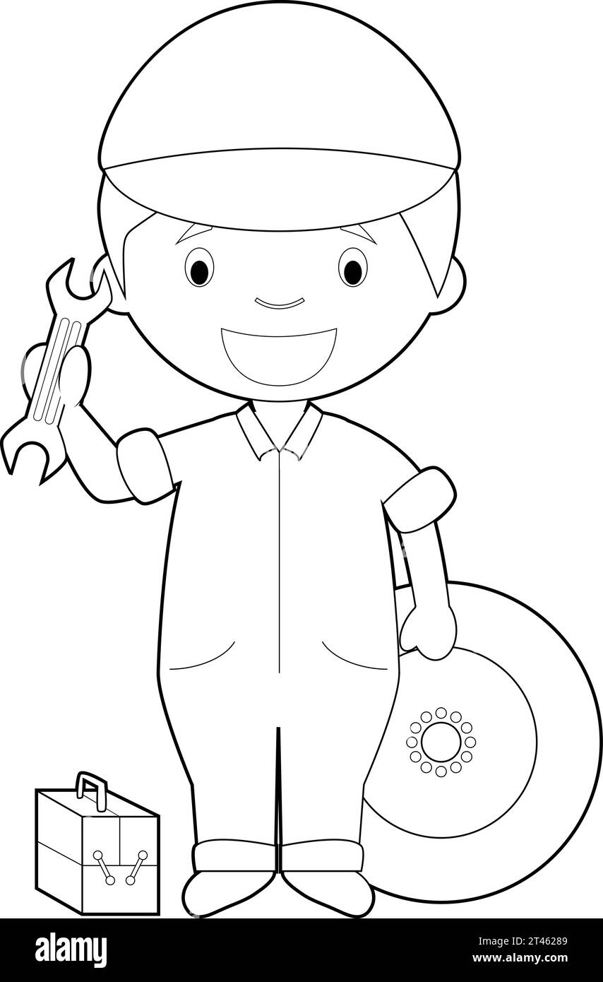 Easy coloring cartoon vector illustration of a mechanic Stock Vector ...