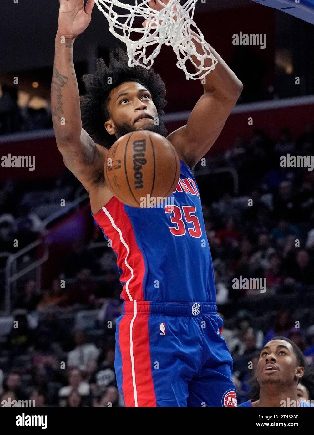 Detroit Pistons forward Marvin Bagley III dunks during the first half of an NBA basketball game ...