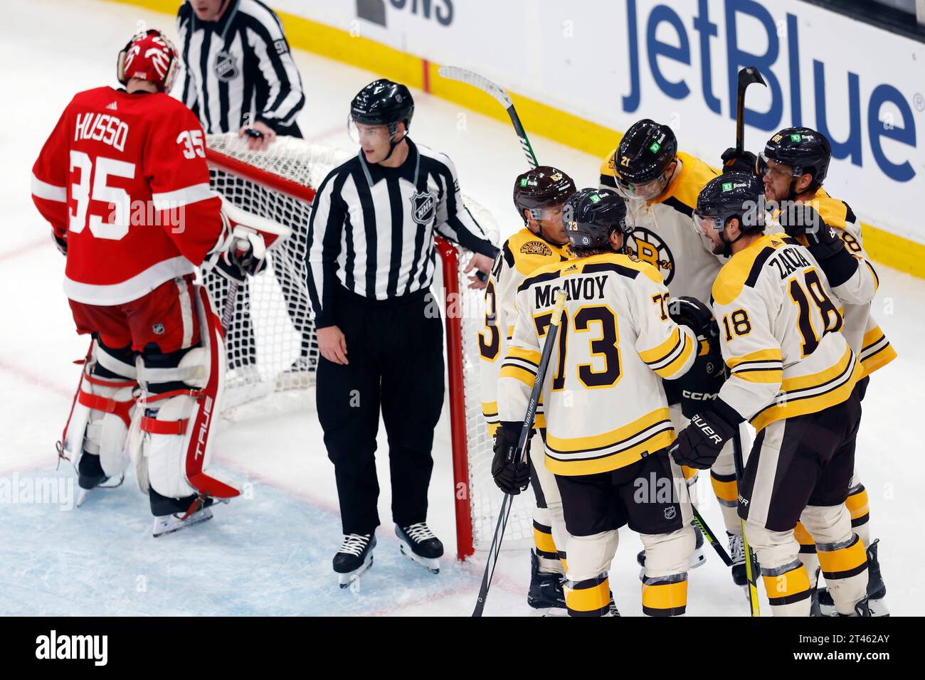 Boston Bruins' Pavel Zacha (18) celebrates his goal on Detroit Red ...
