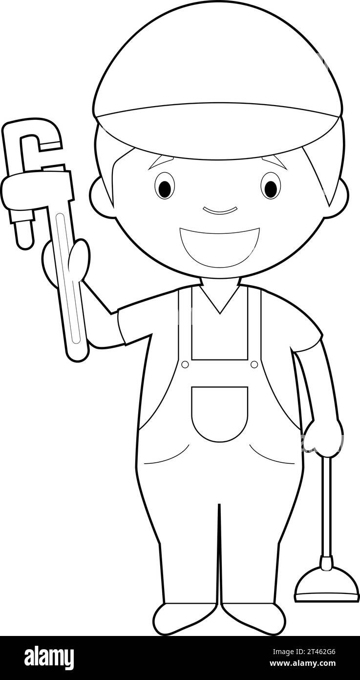 Easy coloring cartoon vector illustration of a plumber Stock Vector ...
