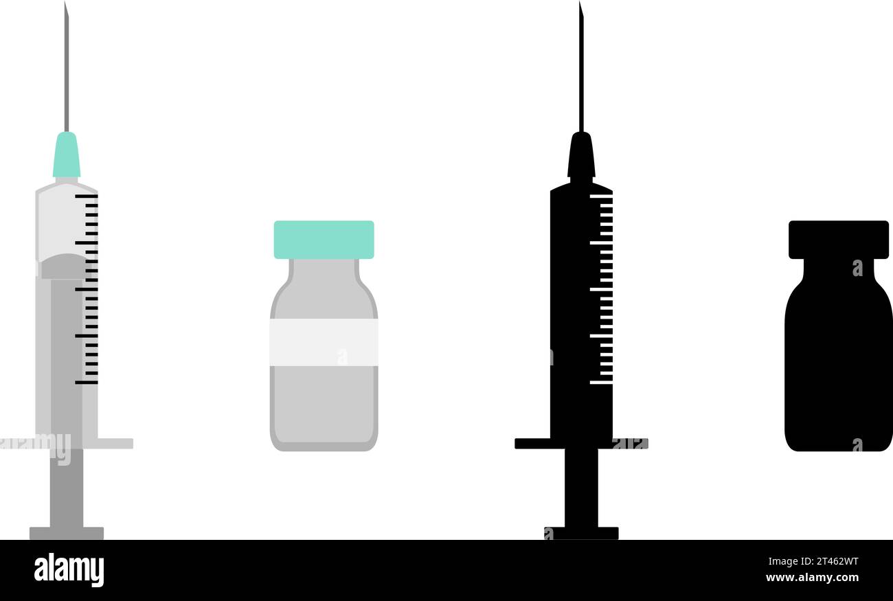 Set of Stylized Syringe Needle and Vaccine Jab Glass Vial Icon. Vector ...