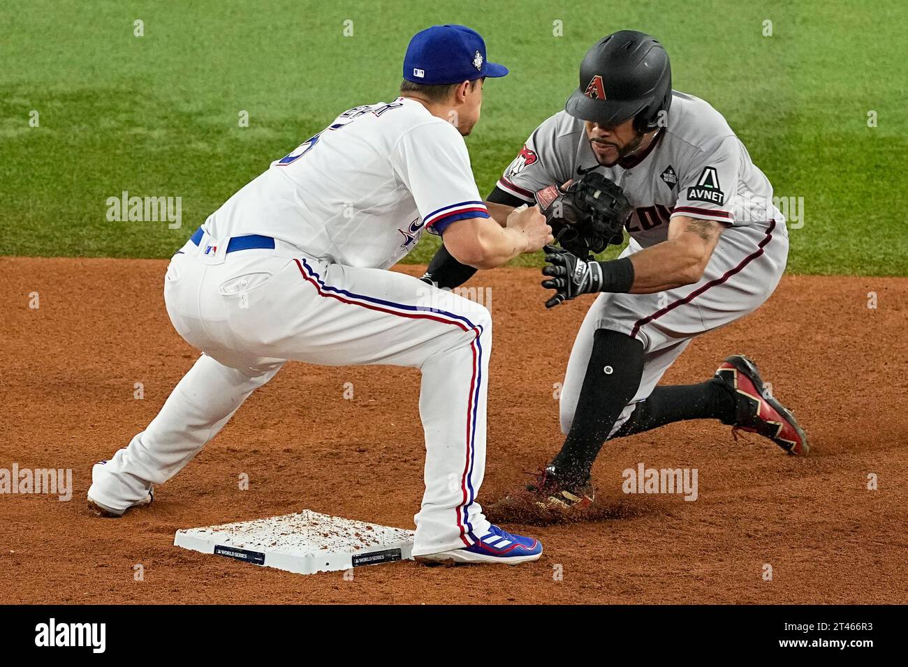 Arizona Diamondbacks left fielder Tommy Pham is tagged out by Texas ...
