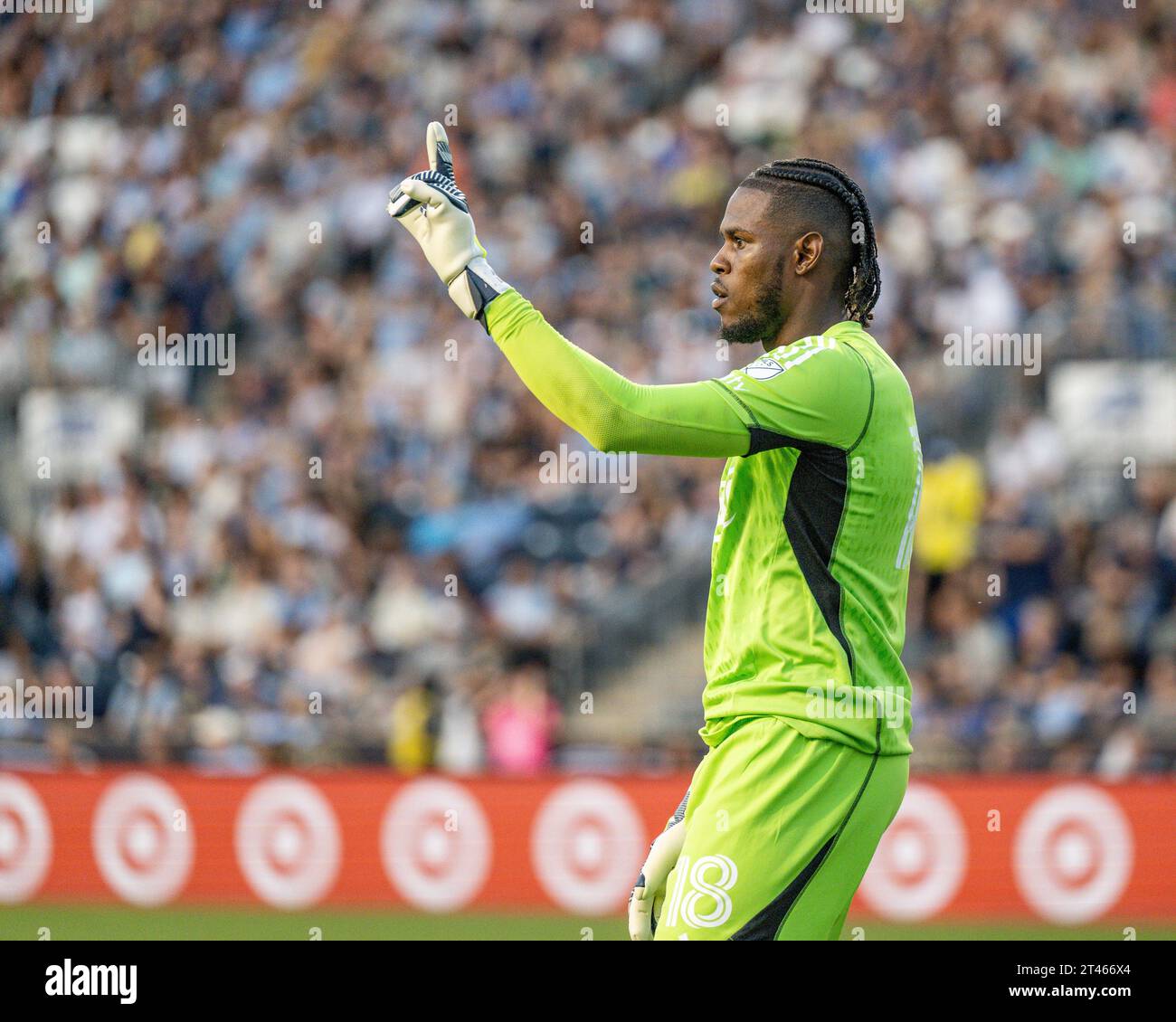 Andre Blake Philadelphia Union MLS goalkeeper (number 18) indicates ...