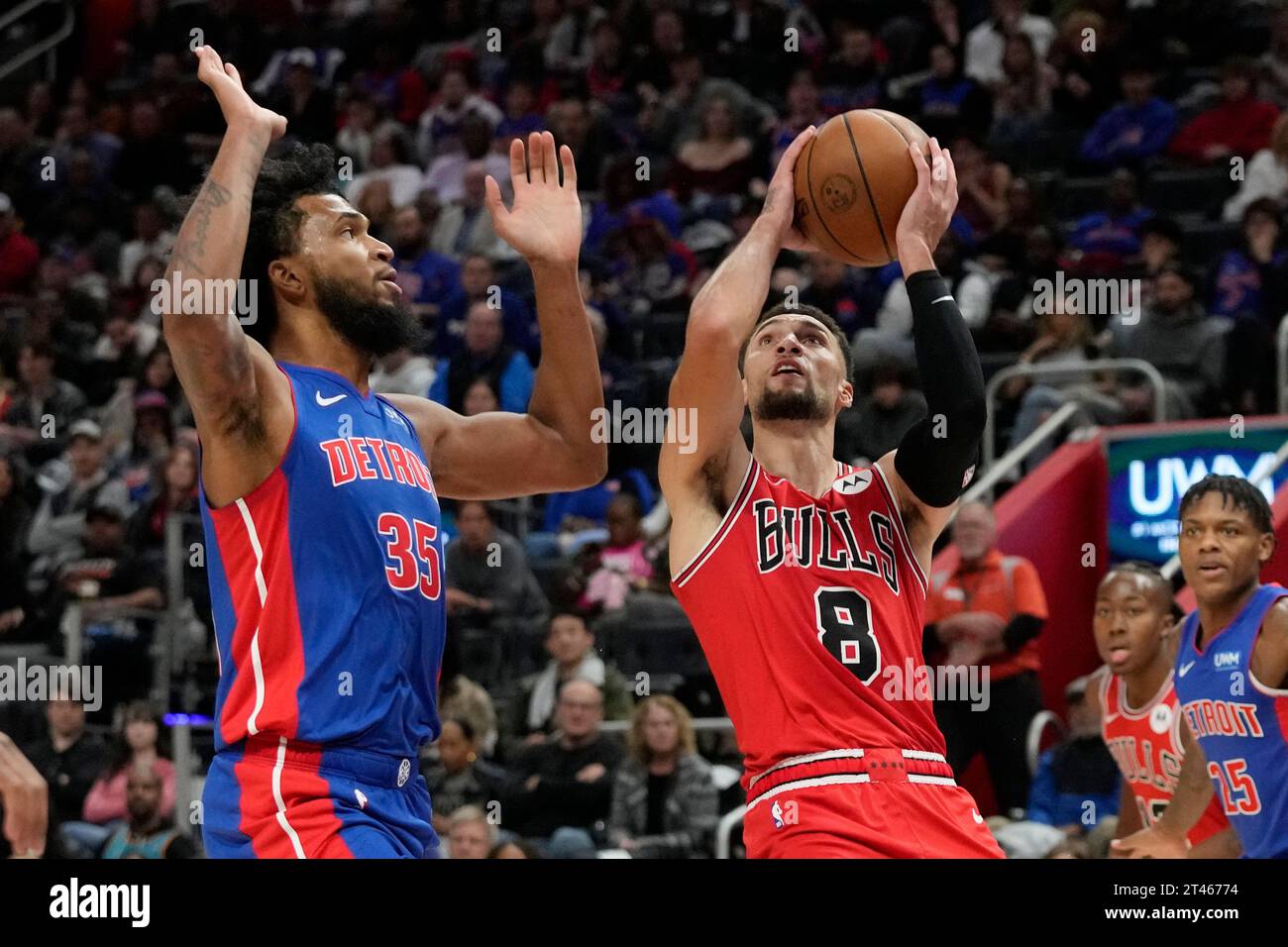 Chicago Bulls guard Zach LaVine (8) attempts a layup as Detroit Pistons forward Marvin Bagley ...