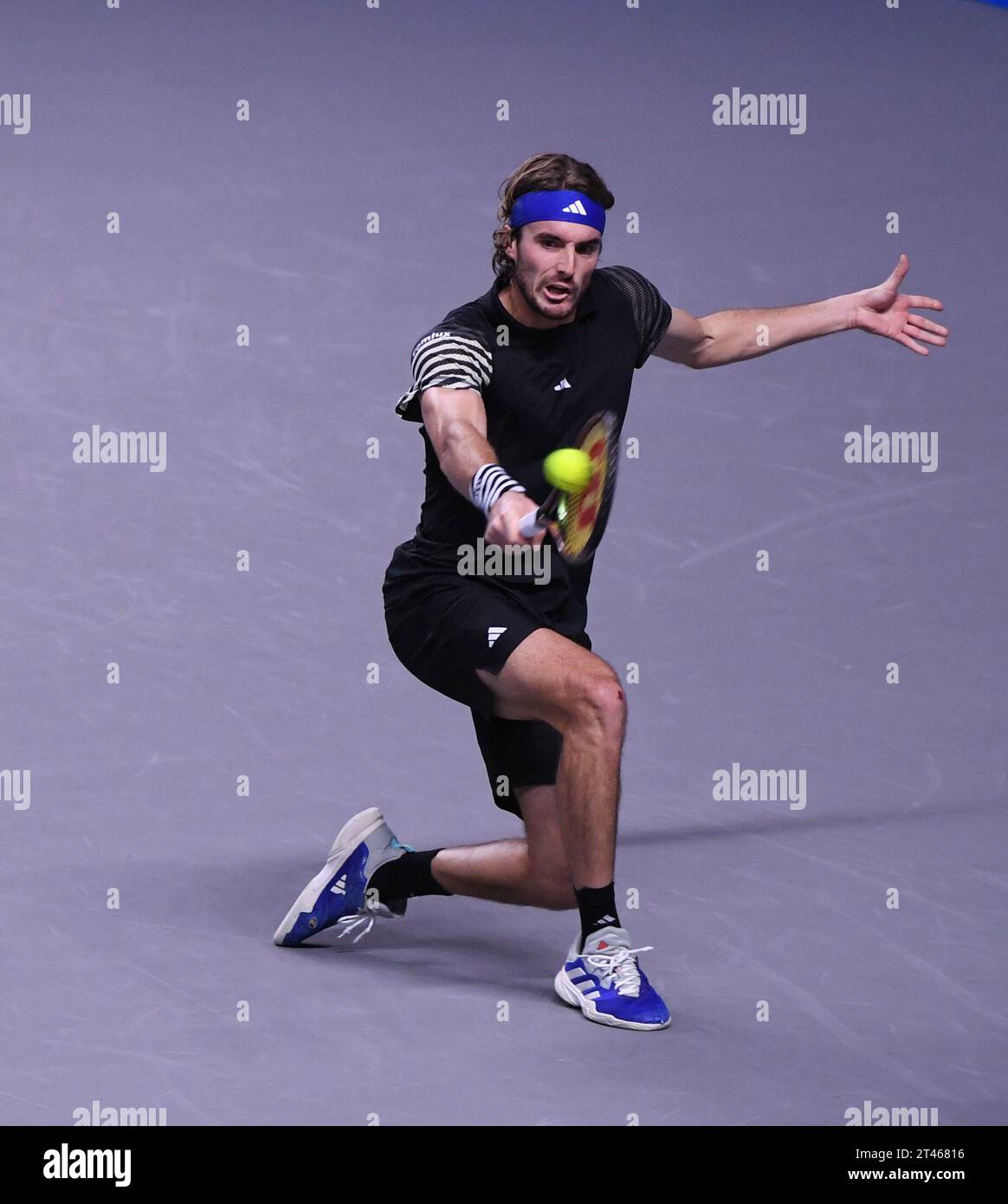 Vienna, Austria. 28th Oct, 2023. Stefanos Tsitsipas of Greece returns the ball during the ...