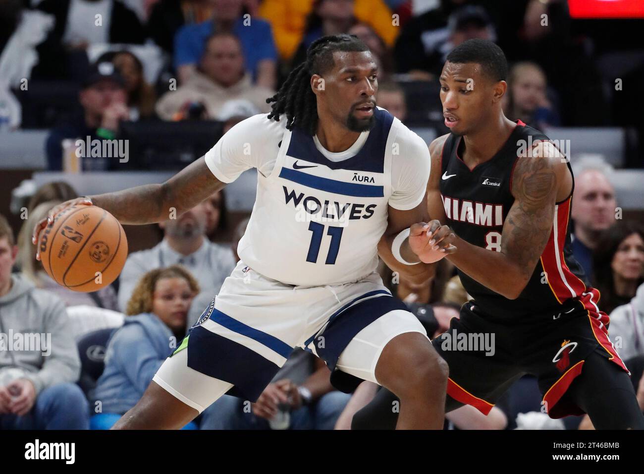 Minnesota Timberwolves center Naz Reid (11) works up against Miami Heat ...