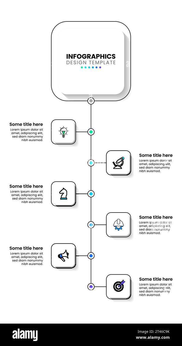 Infographic template with squares and 6 options or steps. Vertical line ...