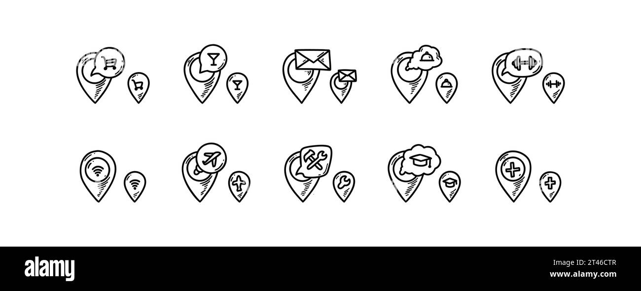 Location pin and flag icons set. Doodle location marker. Sketch ...