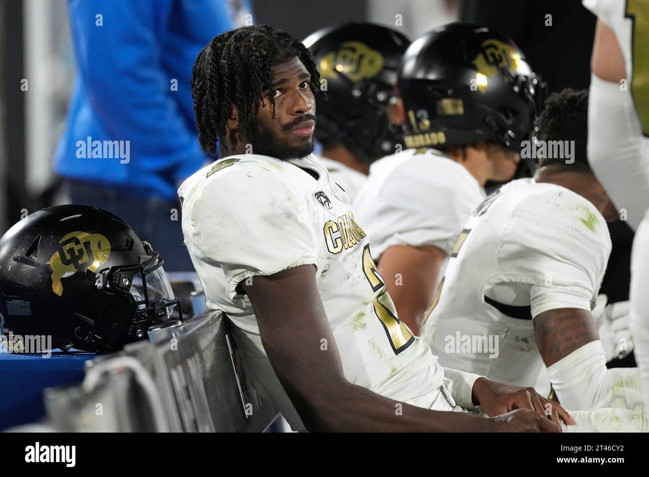 Colorado quarterback Shedeur Sanders sits on the bench in the closing ...