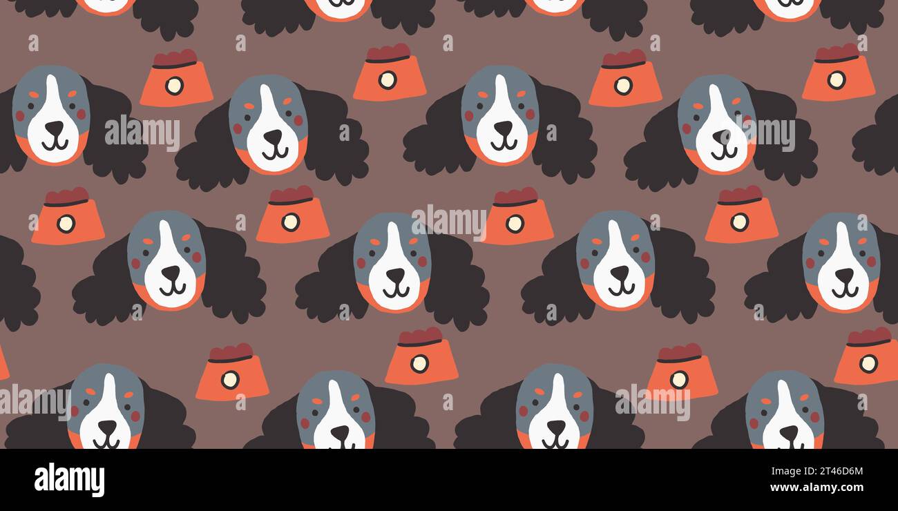 Vector seamless pattern with cute dog faces with food bowl. Dog pattern ...