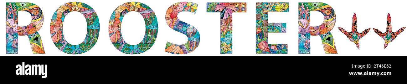 Hand-painted art design. Hand drawn illustration word rooster for t ...