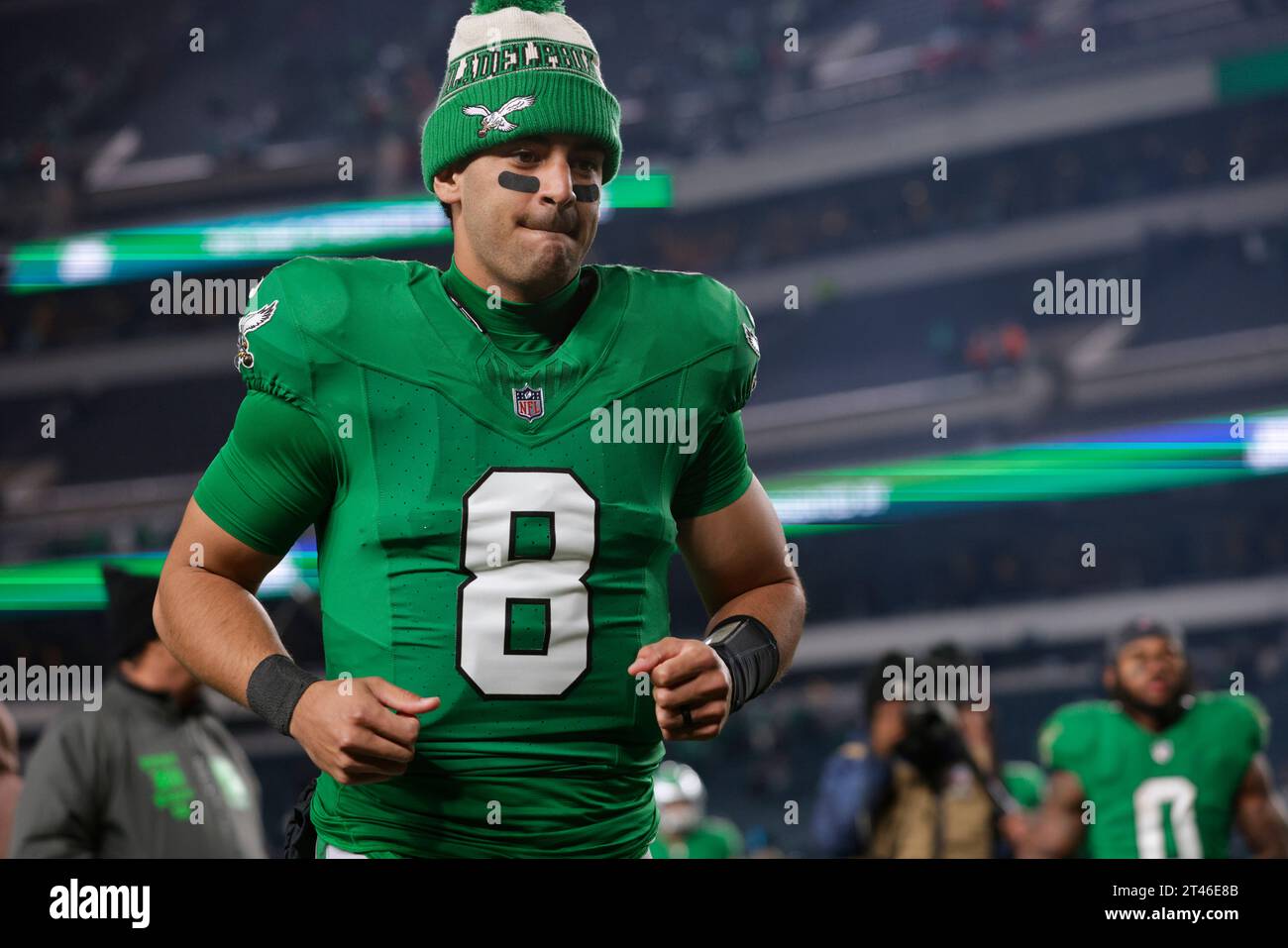 Philadelphia Eagles quarterback Marcus Mariota (8) walks off the field ...