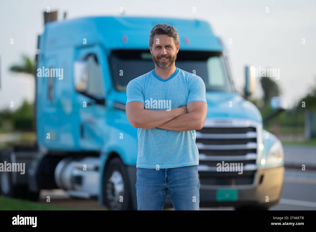 Hispanic driver near lorry truck. Man owner truck driver. Handsome ...