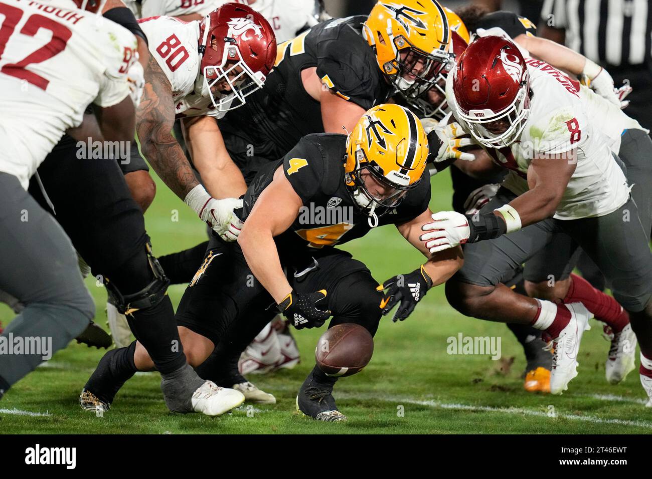 Arizona State running back Cameron Skattebo (4) fumbles the ball as ...