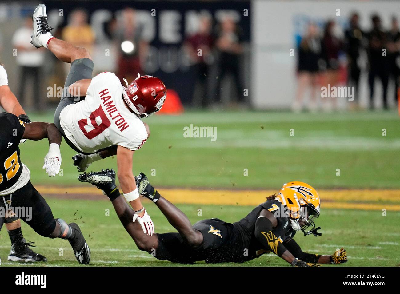 Washington State wide receiver Isaiah Hamilton (9) gets flipped by ...