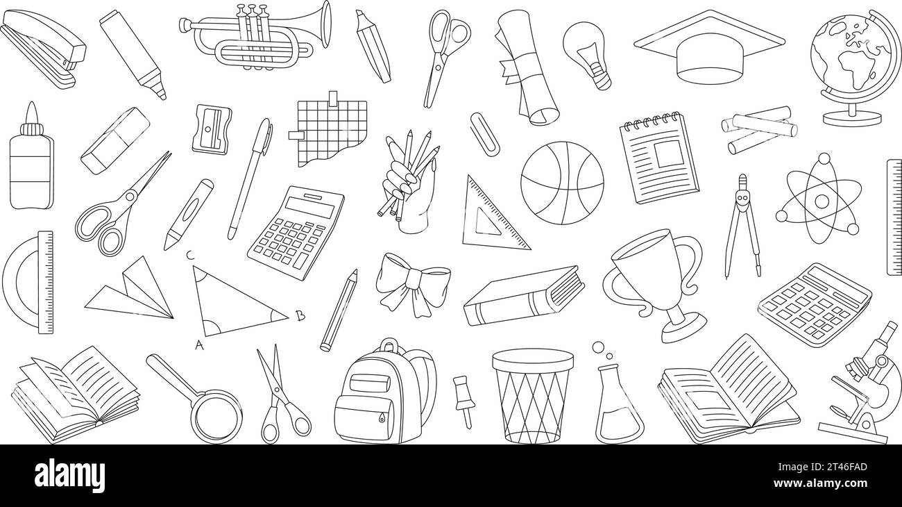 School accessories outline set. Back to school. Graduation cap, trophy ...