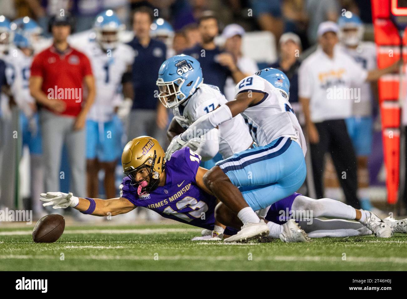 James Madison wide receiver Elijah Sarratt (13) reaches for the ball ...