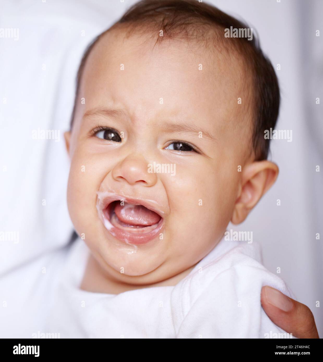 Baby, crying for milk upset hunger or childhood development, frustrated ...