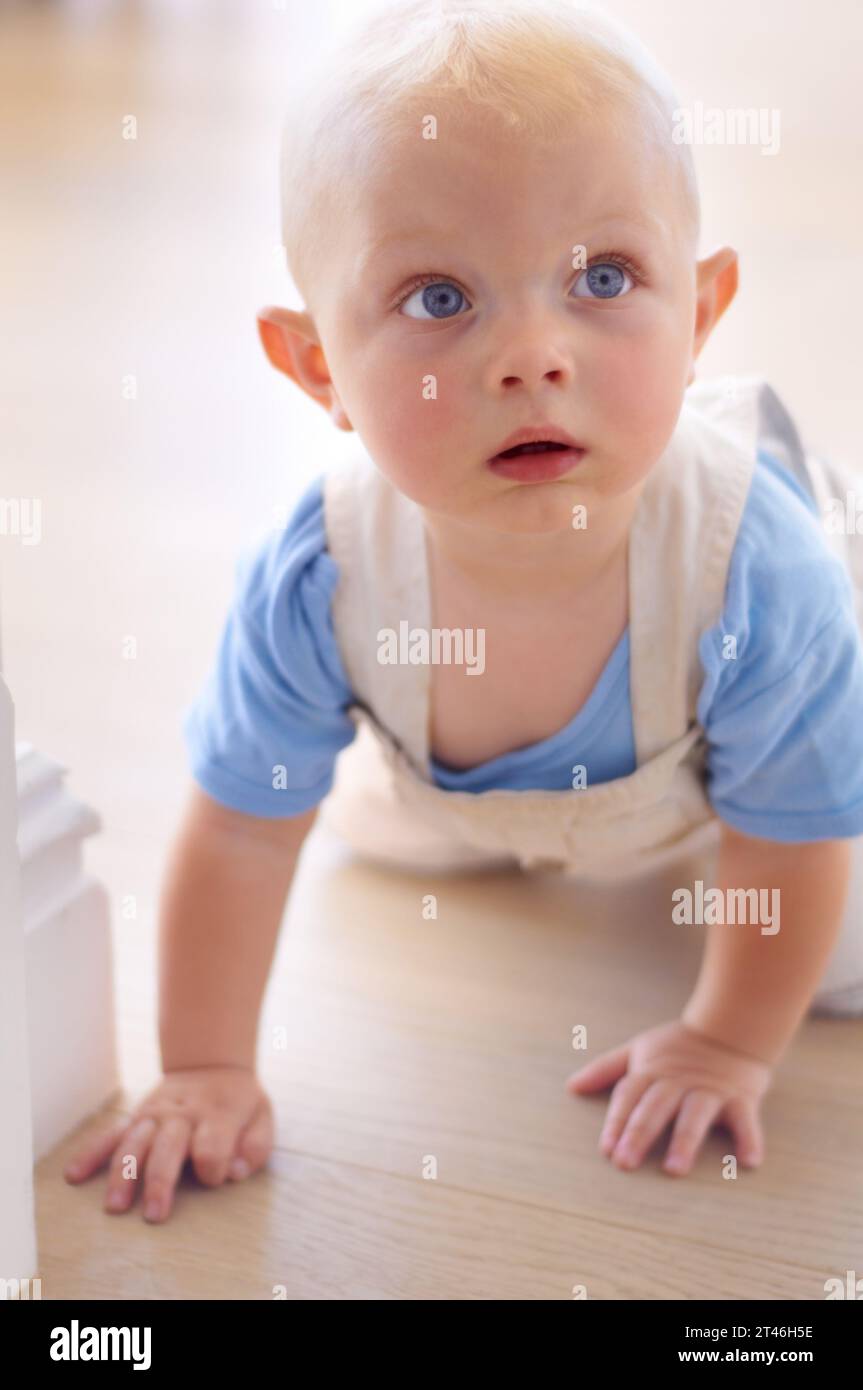 Baby, face and toddler in home on floor learning to crawl with hands ...