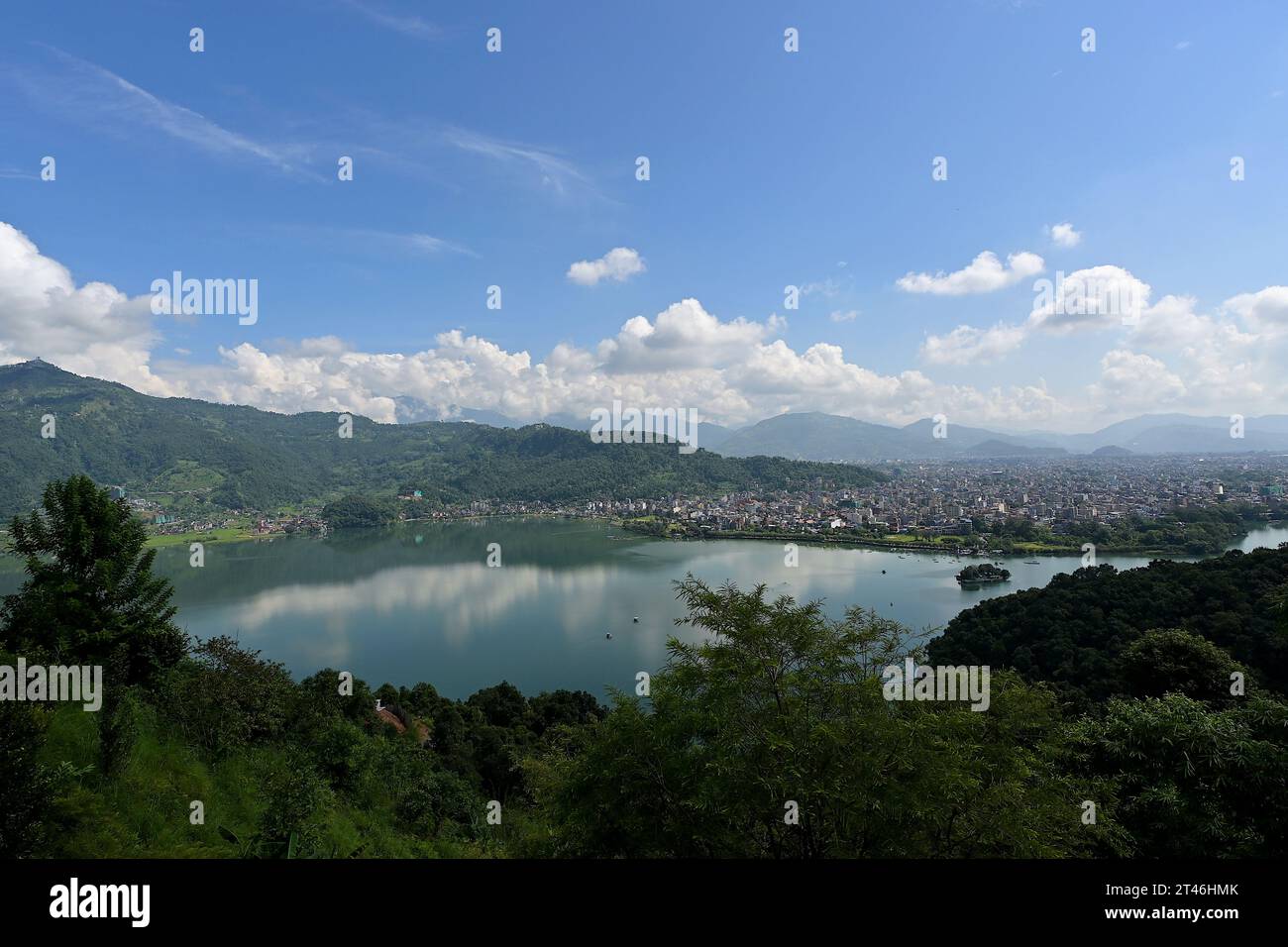 Aerial view of Phewa Tal from Anadu Hill with Tal Barahi Temple in the ...