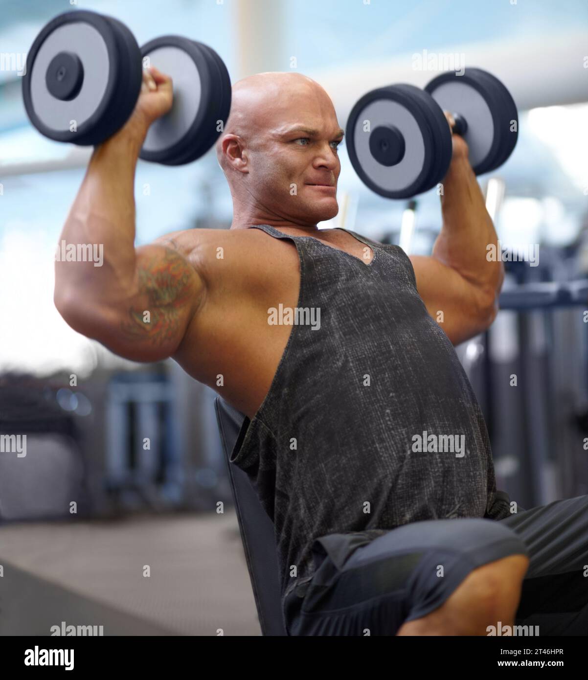 Arm press, man and dumbbell for fitness at gym with bodybuilder, cardio ...