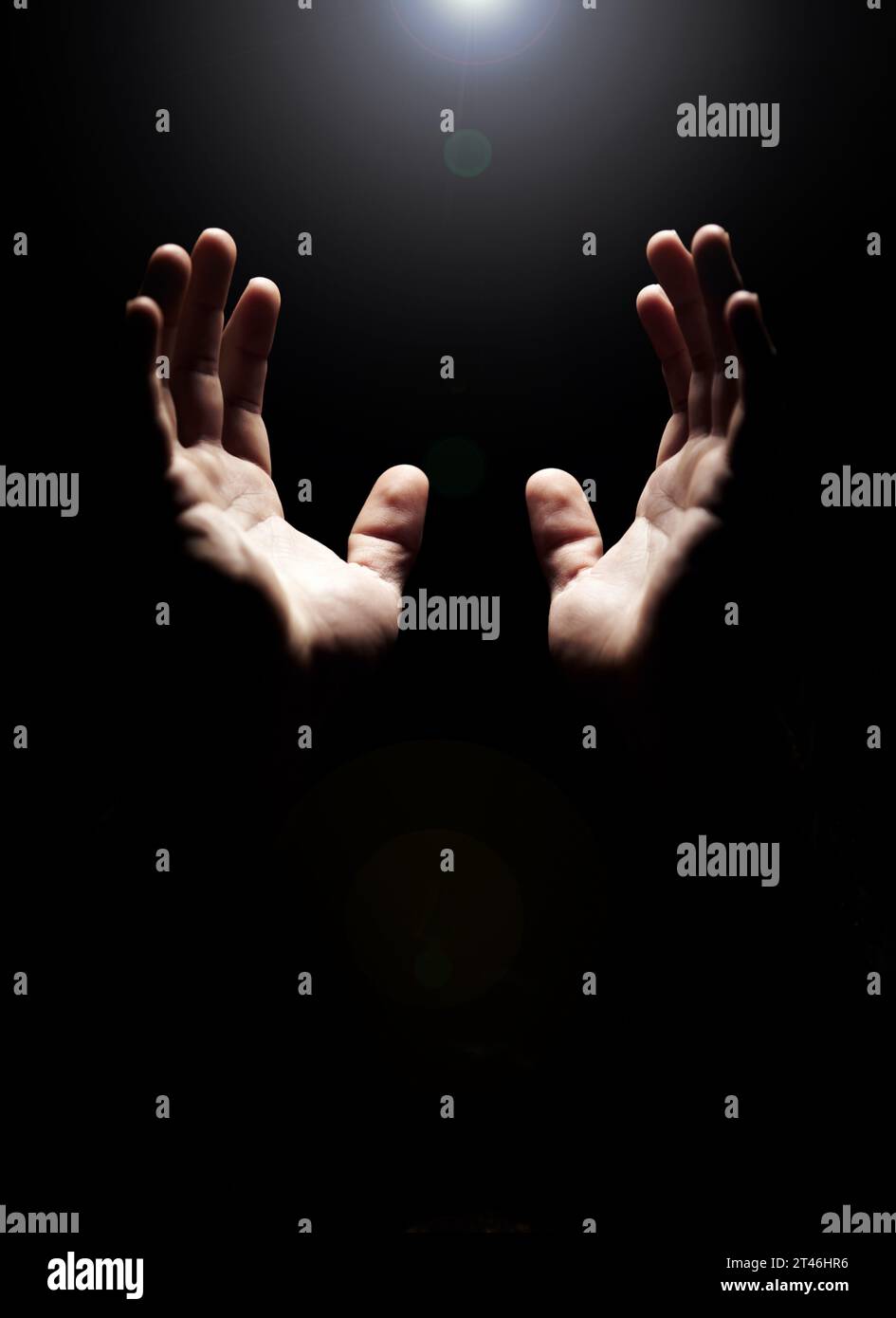 Hands, prayer and help from God with praise, closeup of holy person ...